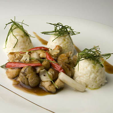Stir-fried and spicy diced chicken with Carnaroli rice timbale and ...
